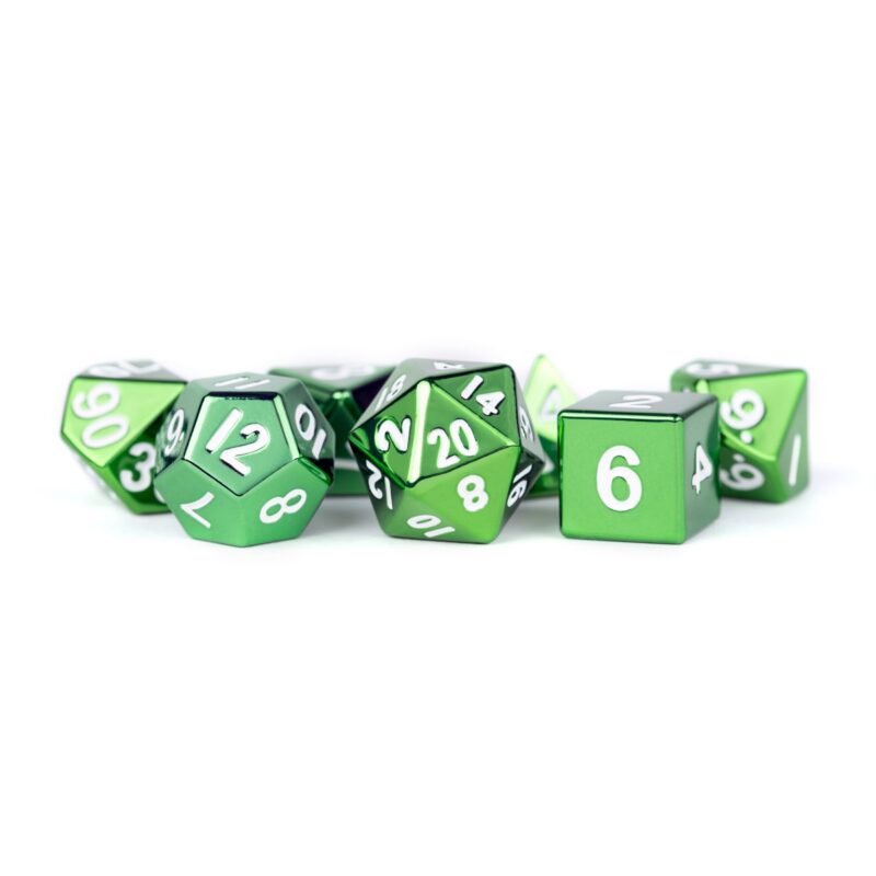 MDG - Metal Dice: Green with White Numbers 16mm Poly Set - Geek Culture